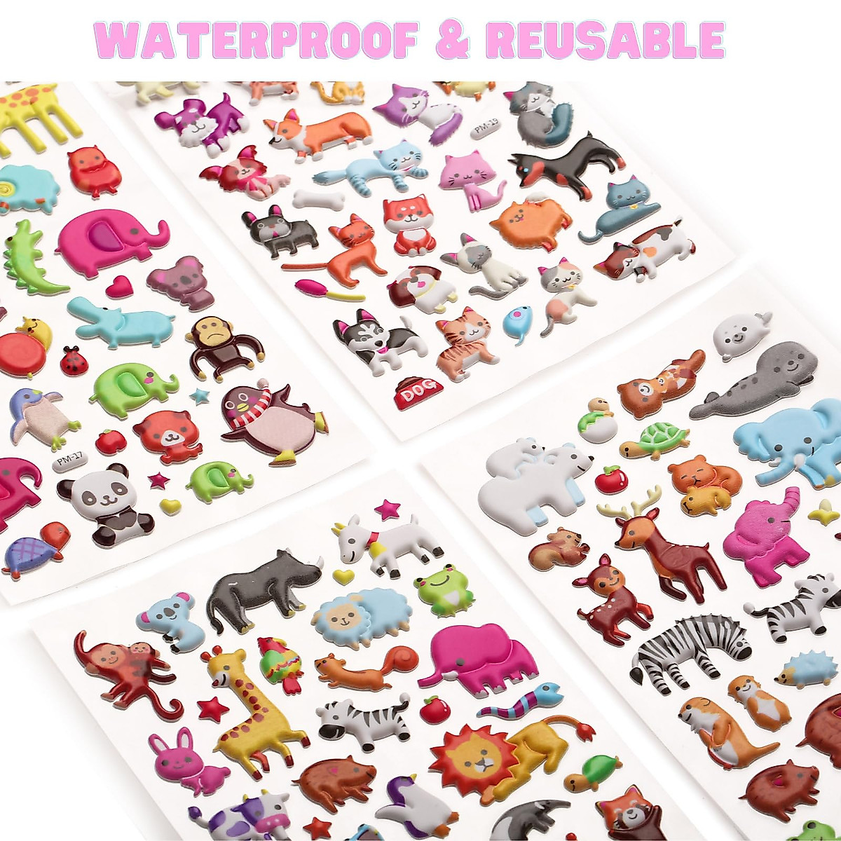 IMNEXT2U 3D Puffy Stickers for Kids Resuable Sticker for Toddler, Boys, Girls 4 Sheets - Mother Child Animals, Dogs, Cats, Elephant, Giraffe, Monkey, Sheep, Panda, Koala, Rabbit (Zoo)