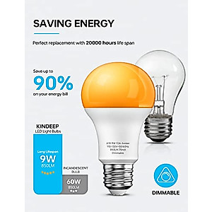 KINDEEP A19 Sleep Light Bulbs Dimmable, Blue Light Blocking Amber Yellow Light Bulbs, 9W Equivalent 60W, Soft Warm 2000K Porch Night Light Bulbs, E26 Dim Light Bulbs for Healthy Sleep, Bedroom, 2-Pack