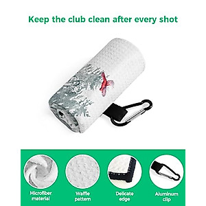 Golf Towel Christmas Reindeer Cardinal Cedar,Waffle Pattern Microfiber Club Cleaner Golf Towels with Carabiner Clip for Women Men Dad,Xmas Animal Plant Silhouette Golf Towel for Golf Bags,24x16in