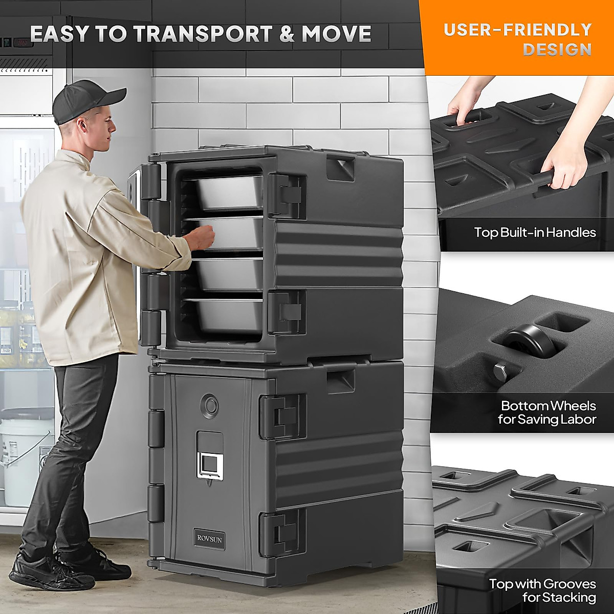 ROVSUN 82 QT Insulated Food Pan Carrier, Hot Box Food Warmer w/Wheels 4 NSF Full-Size Pan Double Buckles and Handles, Stackable Hot Boxes for Catering Restaurant Canteen Family Party