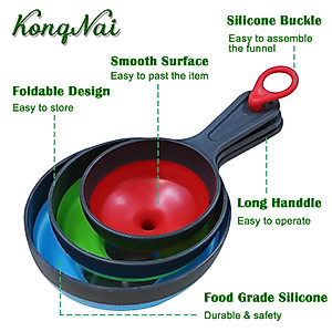 KongNai Canning Funnel for Wide and Regular Jars，Wide Mouth Funnel Sets of 3, Extra Large Funnel for Mason Jar, Food Grade Collapsible Silicone Funnel for Transfer Jam, Juice, Spices, Powder and Oil