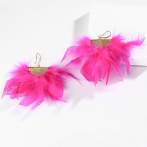 KELMALL Statement Fan Feather Dangling Earrings for Women, Bridal Wedding Party Proms Eye-catching Drop Dangle Earrings- Hot Pink