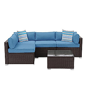 SUNBURY 5-Piece Outdoor Sectional Brown Wicker Sofa, PE Rattan Patio Furniture Set w Blue Cushion, Tempered Glass Table, Weatherproof Cover for Backyard