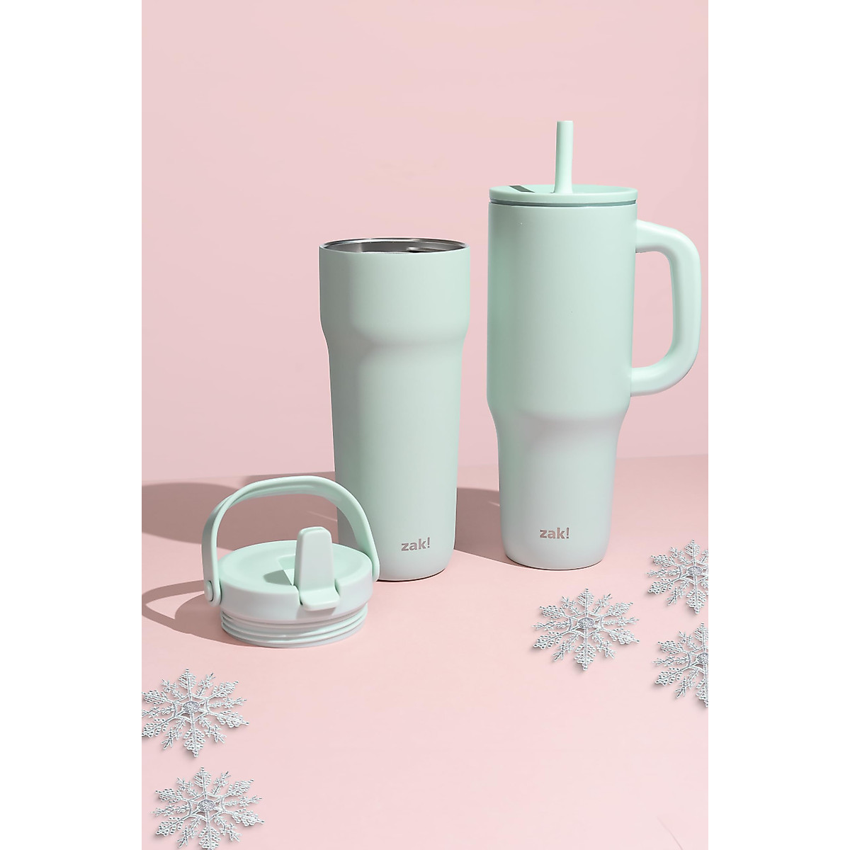 Zak Designs Sutton Travel Tumbler for On the Go, 40oz Stainless Steel with Vacuum Insulation, Silicone Straw, and Carry Handle for Cold Drinks (Icicle Mint Green)