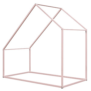 Montessori Floor Bed with Roof, Heavy Duty Metal Floor Bed/Montessori Bed with Playhouse Design, Twin Floor Bed for Kids, Girls, Boys(Not Include Slats), Pink Floor Bed Twin Size