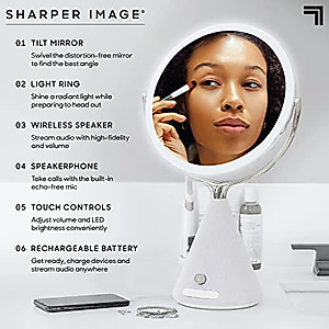 Sharper Image SpaStudio Vanity Sound, 9-Inch LED Mirror with Built-in Speaker, Wireless Bluetooth Audio, Touch-Activated Brightness Controls, Dimmable Halo Light Ring, 5X and 10X Magnification