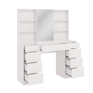 Boahaus Lily White Makeup Vanity Desk with Mirror Cabinets, Glass Top, 9 Drawers, and Crystal Ball Knobs - Modern Makeup Desk - Big Vanity - Large