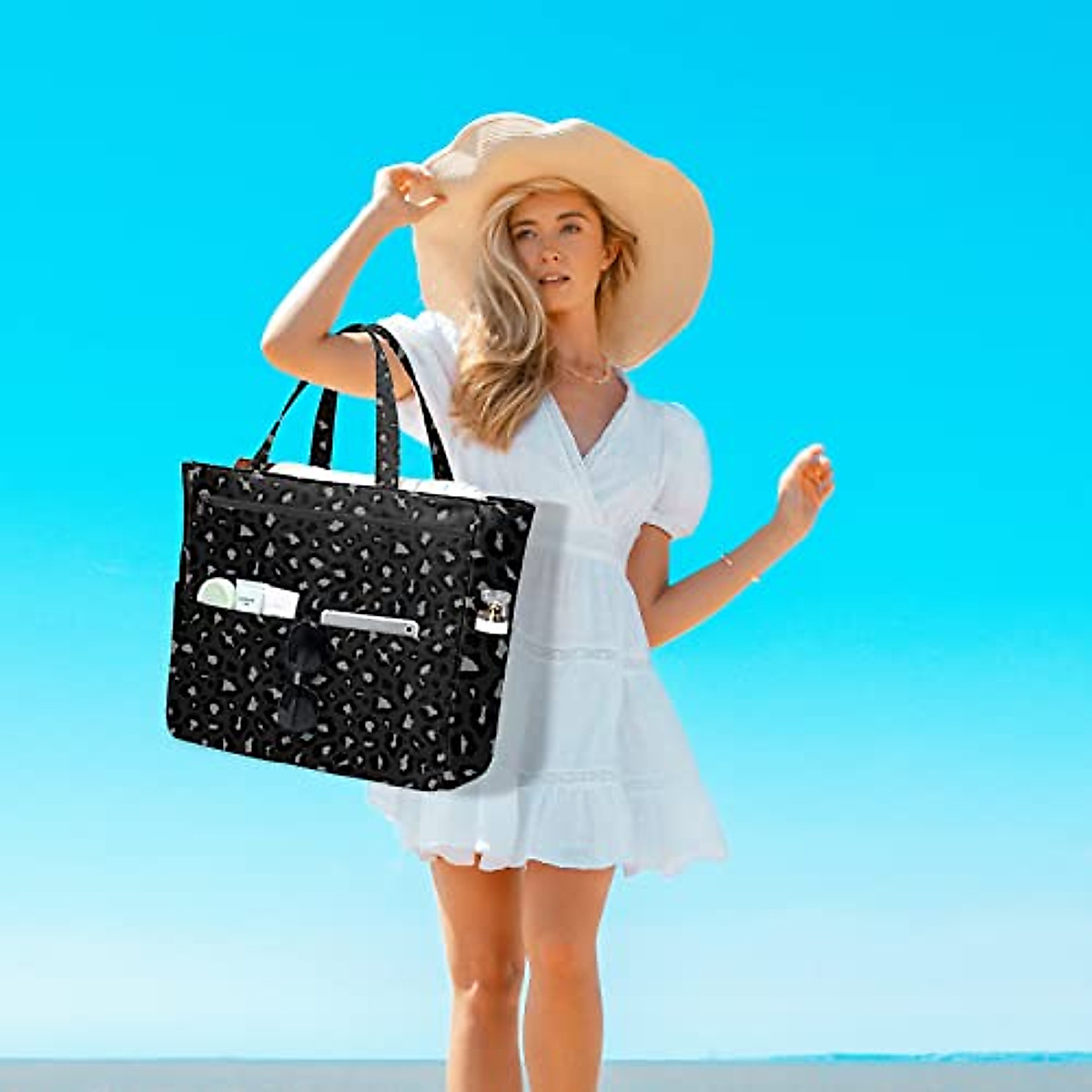 BHAHB Beach Bag Beach Tote Pool Bag Large Waterproof Tote Bag with Wet Pocket,Shoulder Bag with Zipper for Women Girls-Black Leopard Cheetah Pattern