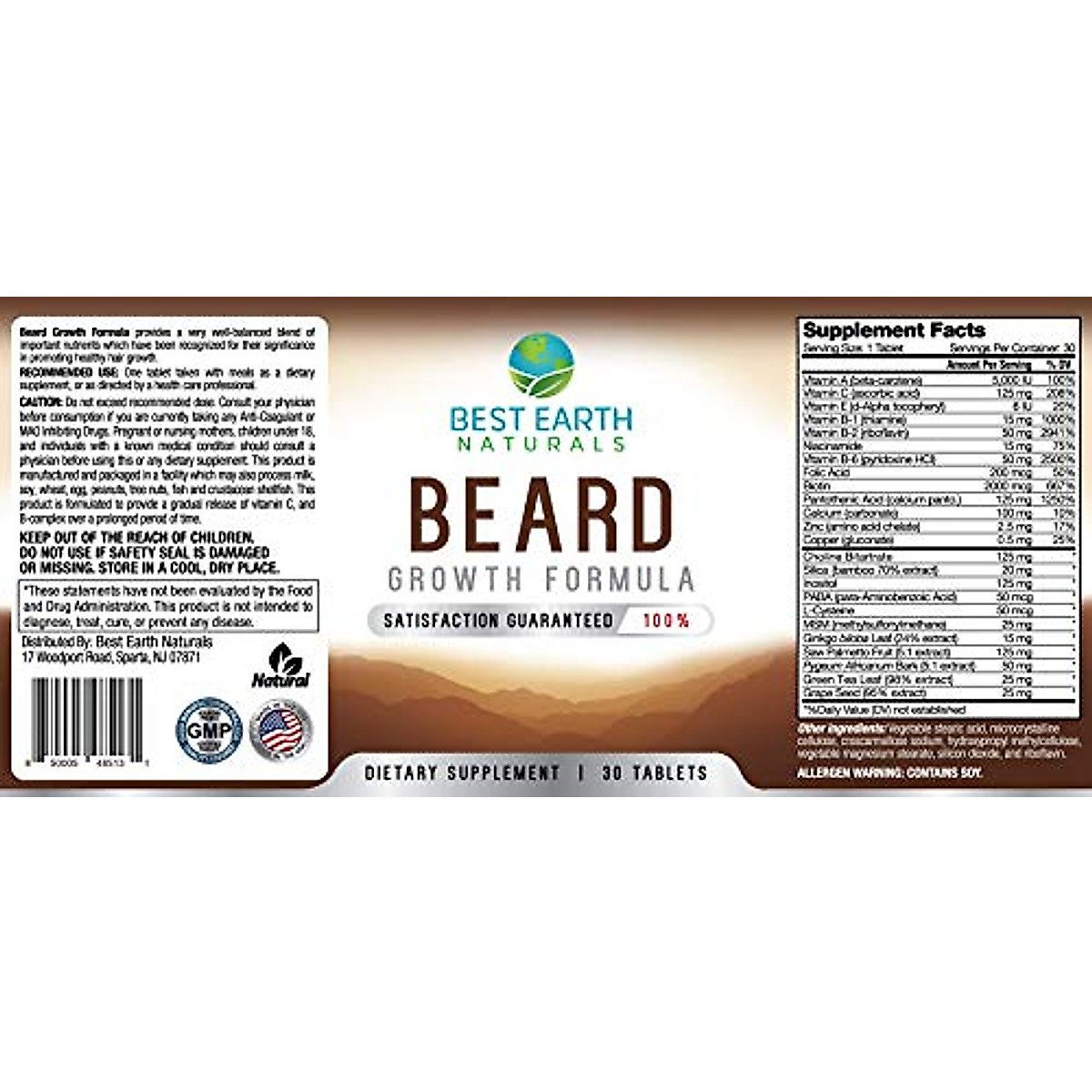 Best Earth Naturals Beard Growth Formula for Men Vitamins, Nutrients, Biotin, Saw Palmetto, and PABA for Facial Hair Growth 30 Count