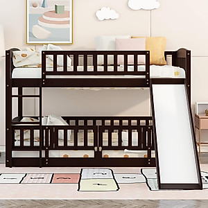 Harper & Bright Designs Low Bunk Beds Twin Over Twin, Kids Bunk Bed with Slide, Fence and Ladder, Wood Toddler Bunk Beds for Girls Boys, Espresso