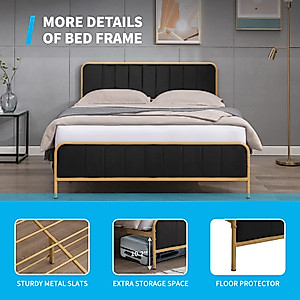 Mjkone California King Size Metal Platform Bed Frame with Dutch Velvet Headboard, Clearance Bed Frame Upholstered Headboard, Metal Strip Support, No Box Spring Needed, Black