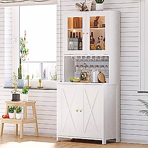 IRONCK 71” Bar Cabinets with LED Light, Power Strip and Glass Holder, Tall Freestanding Liquor Cabinet Bar for Kitchen, Dining Room (White)
