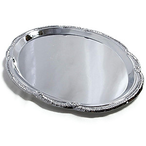 Maro Megastore (Pack of 4) 14.7" x 10.6" Oval Shape Chrome Plated Serving Tray Plate Food Art Deco Floral Pattern Engraved Multi-Purpose Holiday Party Buffet Wedding Birthday (Large) T125L-4PK