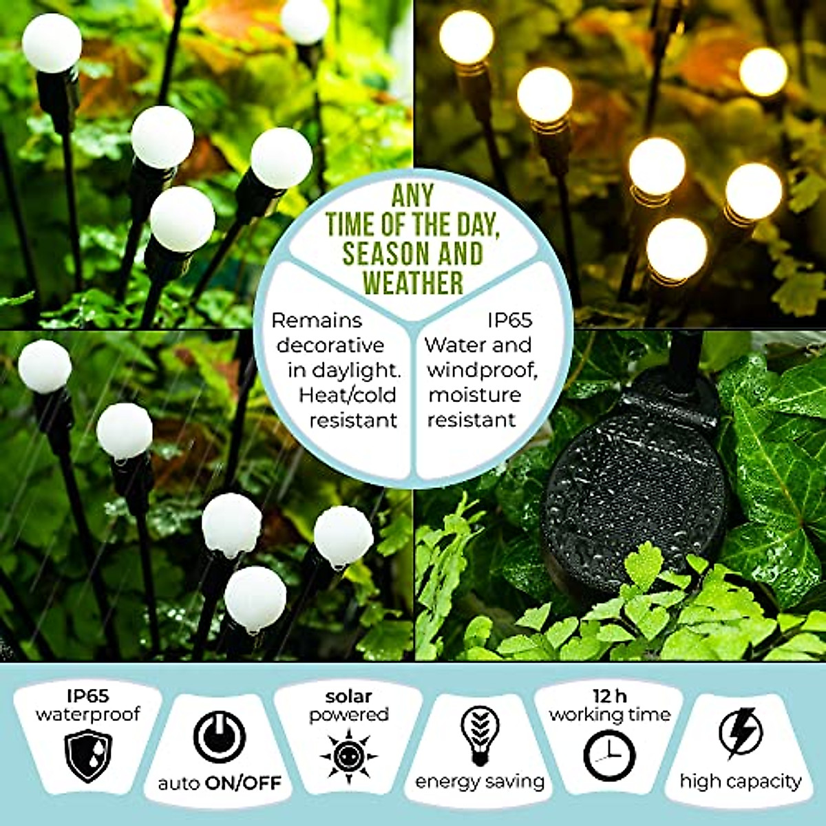 Ganok Solar Garden Lights, Starburst Wind Swaying Outdoor, Fireflies Solar Panel Waterproof Lights for Patio, Lawn & Yard Pathway Decoration, Autonomous 10 LED Soft Warm White - 2 Pack