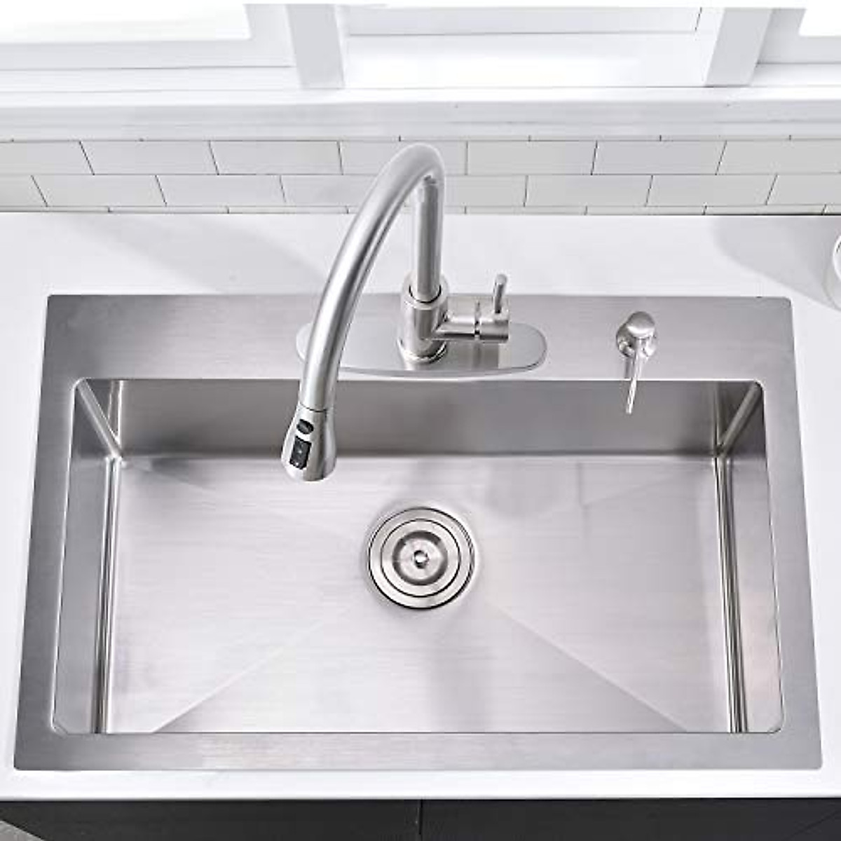33-inch Drop In Kitchen Sink Stainless Steel -VOKIM 33 Inch Topmount Drop-in Single Bowl Handmade Stainless Steel 16 Gauge Kitchen Sink, With Dish Grid and Basket Strainer,Soap Dispenser