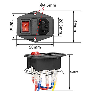 PNGKNYOCN 6A 250V Rocker Switch Power Socket Inlet Module Plug 10A Fuse with Indicator Light 18 AWG Cable 3 Pin IEC320 C14, for Household Appliances or DIY Device（2-Pack）