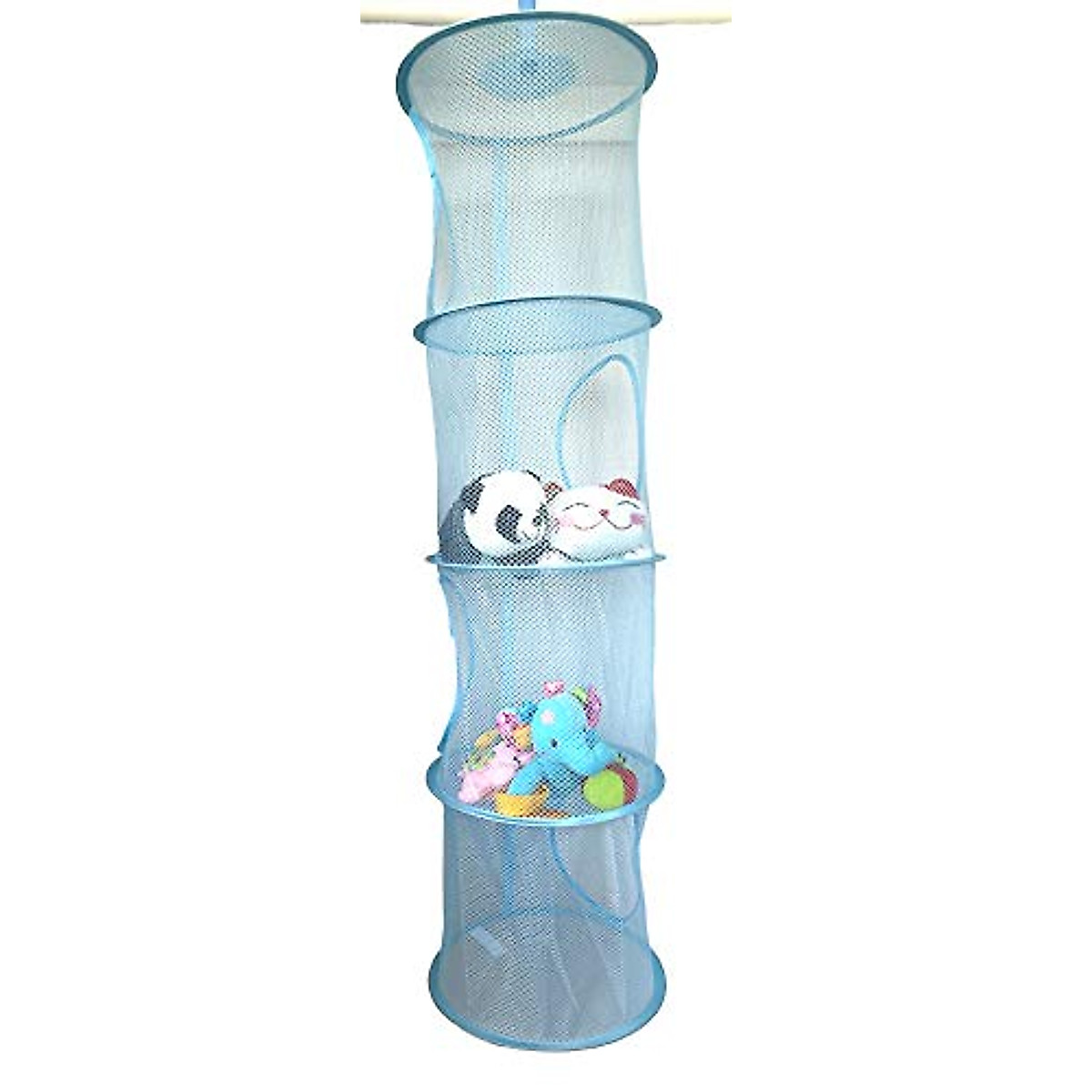 Goldenvalueable Hanging Mesh Space Saver Bags Organizer 4 Compartments Toy Storage Basket for Kids Room organization mesh hanging bag 2 Pcs Set, Blue and Yellow