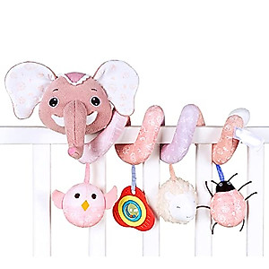 JINGBELL Baby Car Seat & Stroller Toys, Infant Crib Activity Spiral Plush Hanging Education Toys for Baby with Music, Rattles and BB Squeaker(Pink Elephant)