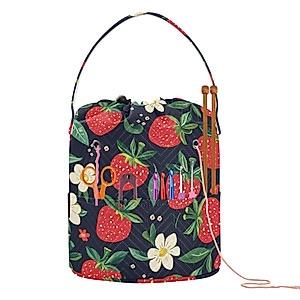 Fustylead Hand Draw Red Strawberry and Beautiful Floral Crochet Drawstring Organizer, Large Yarn Bag Storage Tote Basket for Crocheting On The Go, Kit Holder, Gift for Knitter, Crochet Beginner