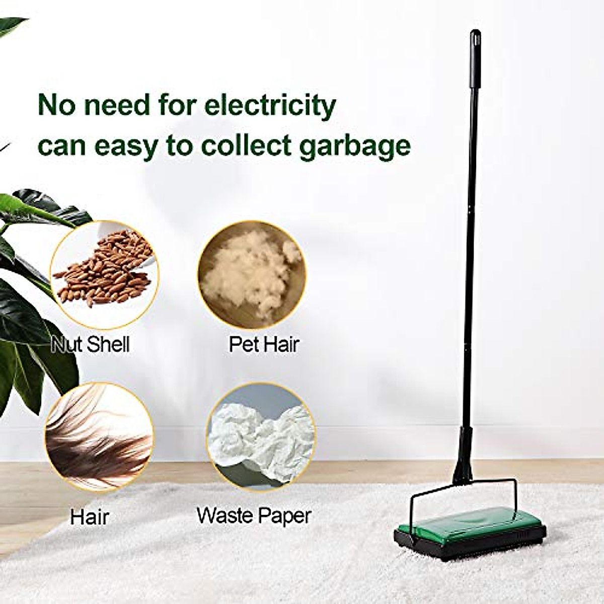 Yocada Carpet Sweeper Cleaner for Home Office Low Carpets Rugs Undercoat Carpets Pet Hair Dust Scraps Paper Small Rubbish Cleaning with a Brush Green