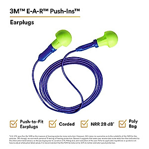 3M E-A-R Push-Ins Earplugs 318-1001, Corded, Poly Bag 100-Pair