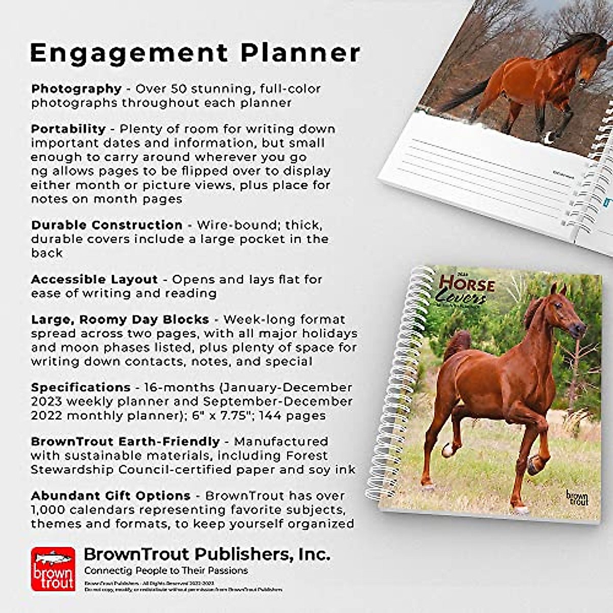 Horse Lovers | 2023 6 x 7.75 Inch Spiral-Bound Wire-O Weekly Engagement Planner Calendar | New Full-Color Image Every Week | BrownTrout | Animals Equestrian