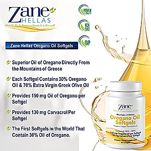 130 mg Carvacrol - 150 mg Oregano Oil per Softgel. World Highest Concentration Oregano Oil Capsule. Zane Hellas Oregano Oil. Softgel Contains 30% Greek Essential Oil of Oregano. 60 Softgels.
