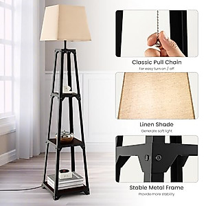 Tangkula Shelf Floor Lamp, Modern Wood Square Standing Lamp with 3 Tiers Shelves and Linen Shade, Stable Trapezoidal Design, E26 Lamp Base, 62" Tall Metal Frame Shelf Lamp for Living Study Bedroom