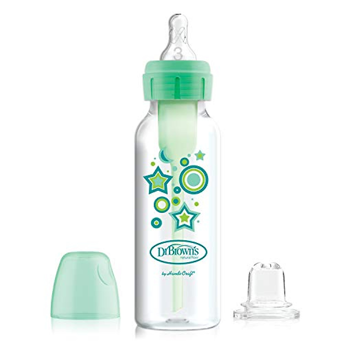 Dr. Brown’s Natural Flow® Anti-Colic Options+™ Narrow Sippy Bottle Starter Kit, 8oz/250mL, with Level 3 Medium-Fast Flow Nipple and 100% Silicone Soft Sippy Spout, Green, 6m+