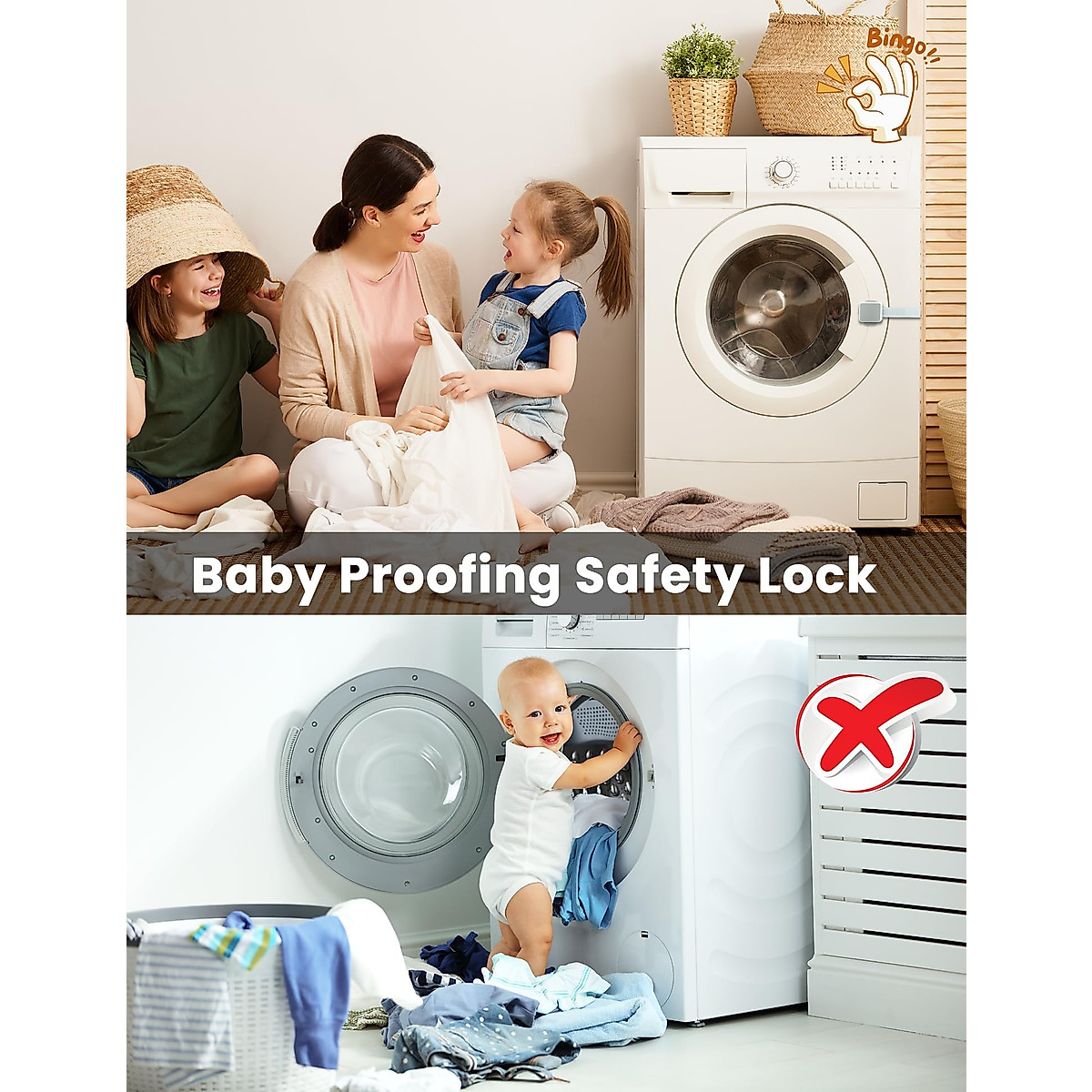 2 Pack Baby Proofing Safety Locks for Cabinet Drawer Fridge Oven Dishwasher Doors, Toilet Seat & Lid, Adjustable Furniture Latches and Straps, 3M Adhesive No Drilling and Button Unlock Design