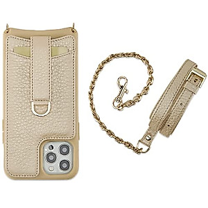 Vaultskin VICTORIA iPhone 13 Pro Leather Wallet Case and Card Holder, Crossbody Strap Purse for Women (Champagne - Chain & Leather Strap, iPhone 13 Pro)