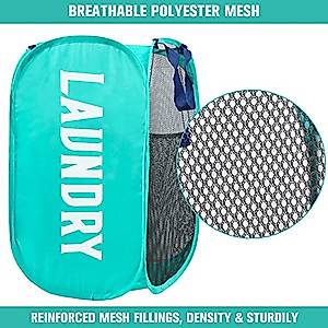 Popup Laundry Hamper, 2 Pack Mesh Hampers for Laundry Collapsible Laundry Basket with Side Pocket Durable Carry Handles Great Laundry Hambers for Kids Room, College Dorm or Travel (Pink + Blue)