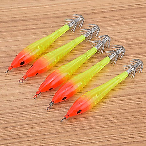 OKJHFD 5Pcs Luminous Squid Jigs Hook Fishing Lures Baits for Saltwater Freshwater Fishing Tackle Accessories(Yellow)