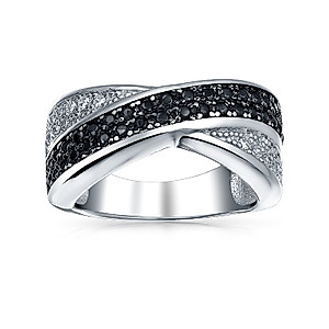 Bling Jewelry Two Tone Black And White Pave Cubic Zirconia CZ Criss-Cross X Band Ring For Women For Girlfriend .925 Sterling Silver