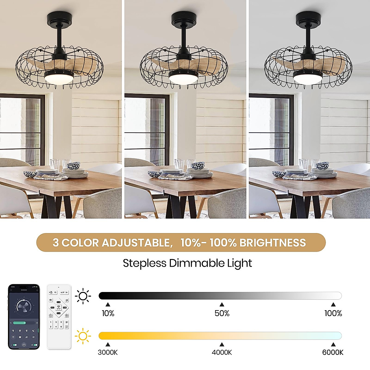 Nogcew Ceiling Fan With Lights and Remote, 20" Caged Ceiling Fans with Light,3-color Temperature,2 Rods, Reversible,Dimmable,Low Profile Ceiling Fan for Dining Room,Bedroom,Living Room