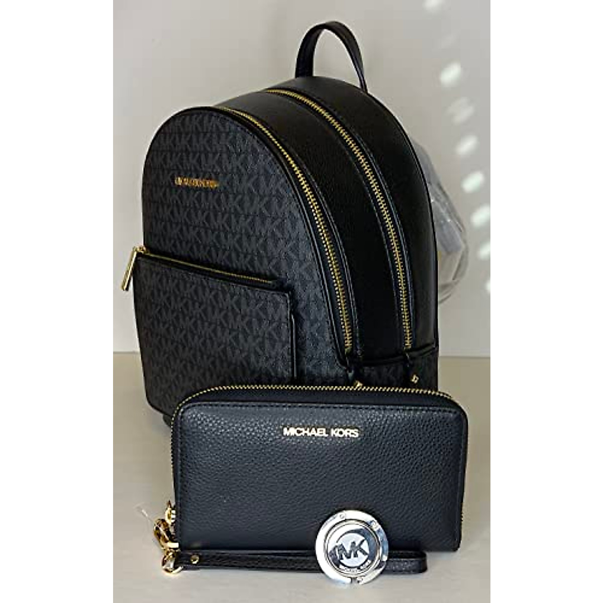 Michael Kors MICHAEL Michael Kors Adina MD Backpack bundled with matching LG Flat MF Phone Wallet Purse Hook (Signature MK Black)
