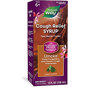 Nature's Way Cough Relief Syrup, Umcka, Chest Congestion, Sore Throat, Cough, Hoarseness, Phenylephrine Free, Homeopathic, Non-Drowsy, 4 Fl Oz (Packaging May Vary)