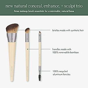 EcoTools New Natural Conceal, Enhance, & Sculpt Trio, Makeup Brushes For Foundation, Concealer, & Brows, Dense, Synthetic Bristles For Sculpting Face, Vegan & Cruelty-Free, 3 Piece Set