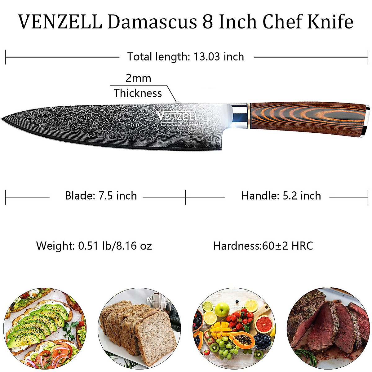 VENZELL Handmade 8 inch Chef Knife, 67-layer Damascus Stainless Steel Knife, HRC60±2 Professional Chopping Knife with Ergonomic PAKKA Wood Handle