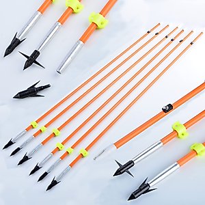 AMEYXGS Bowfishing Arrow Hunting Solid Fiberglas Shaft with Broadheads Tip and Safty Slides for Compound Recurve Bow (Type 1, 6)