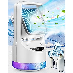 Portable Air Conditioner Fan, Rechargeable Evaporative Air Cooler, Personal Air Cooler Humidifier with 3-Speed, 90° Oscillating, 7 Colors Light, Aroma Discs, Desk Cooling Fan for Home Office Camping