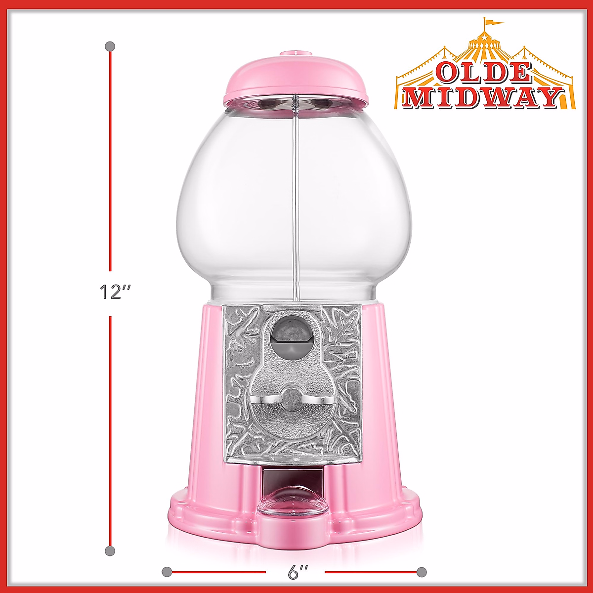 Olde Midway 12" Gumball Machine with Glass Globe and Metal Base - Pink, Vintage-Style Bubble Gum Candy Dispenser