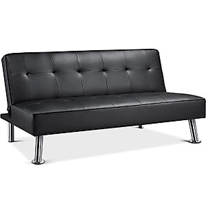 Topeakmart Tufted Faux Leather Sofa Couch Foldable Sofa Sleeper Bed Black Guest Couch Bed Converts to Recliner and Bed