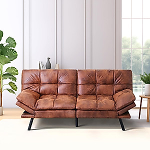 MUUEGM 71" Sofa Bed with Memory Foam,Futon Sofa Bed with Adjust Backrest and Armrest, Couches for Living Room,Studios, Apartments, Dormitories, Offices and Game rooms. Brown Leather Sofa