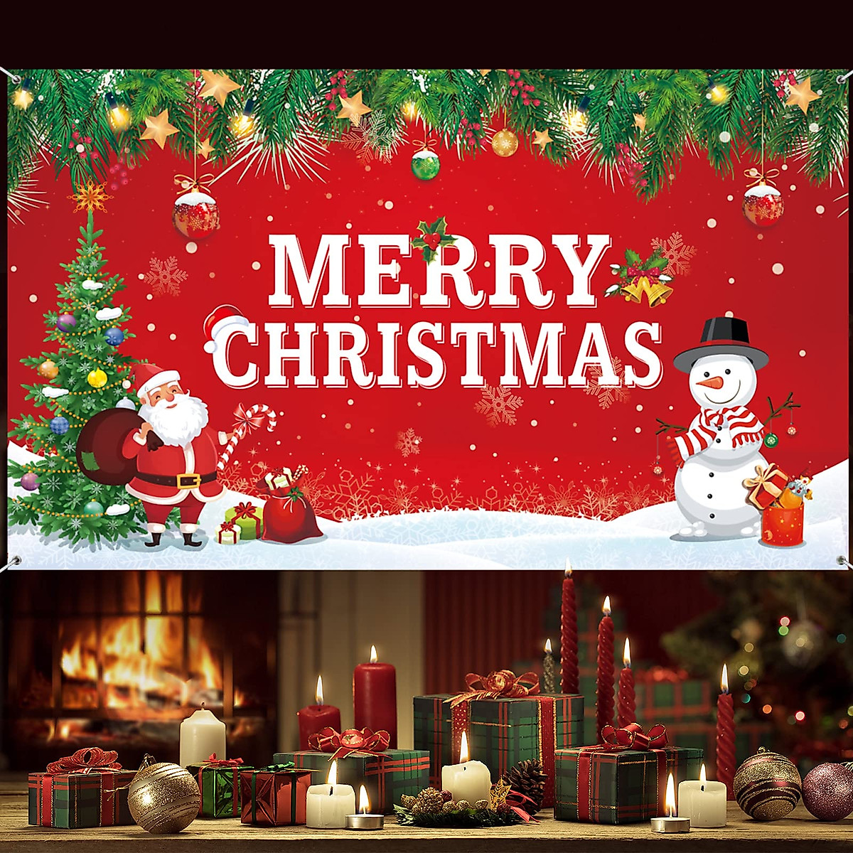 Winter Christmas Backdrop for Photography Banner Extra Large Snow Wonderland Backdrop Winter Snowman Scene Xmas Tree Background for Photoshoot Christmas Decorations, 72.8 x 43.3 Inch (Vivid Style)