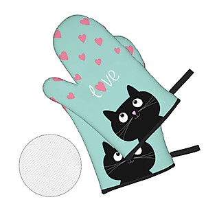 Cute Black Cat Love Oven Mitts and Pot Holders 4pcs Sets，Funny Kitchen High Heat Resistant Oven Mitts，with Oven Gloves and Hot Pads Pot Holders for Baking Cooking BBQ Grilling