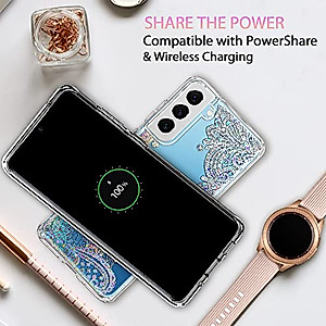 Coolwee Clear Glitter for Galaxy S22, 6.1 inch, Thin Flower Slim Cute Crystal Lace Bling Shiny for Women Girls Floral Plastic Hard Back Soft TPU Bumper Protective Cover for Samsung S22 Mandala Henna