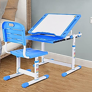 Height Adjustable Kids Desk and Chair Set - Homework Table and Chair Set with T-ilted Table & Pull Out Storage Drawer - Student Study Desk for Boys and Girls Writing Drawing Painting (Blue, A)