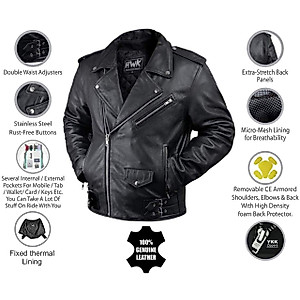 HWK Brando Leather Motorcycle Jacket for Men, Genuine Black Leather Jacket with Removable CE Armor & Micro Polyester Thermal Lining for Weather & Water Resistant Enduro Motorbike Riding - XX Large