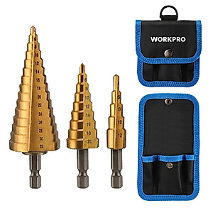 WORKPRO 3-Piece Step Drill Bit Set, 1/4" Hex Shank Quick Change High Speed Steel Titanium Coated Drill Bits for Plastic, Sheet Metal, Aluminum Hole Drilling, Well-Organized Bag Included,Metric